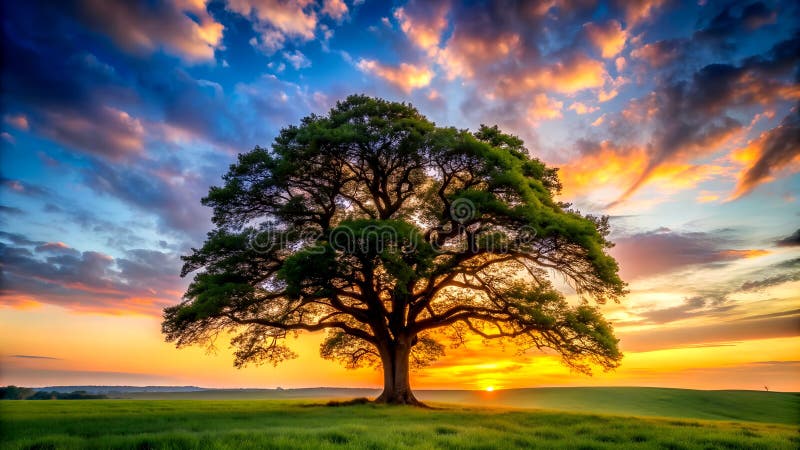 A Sentinel of Time a Majestic Oak Tree Silhouetted Against the Setting ...