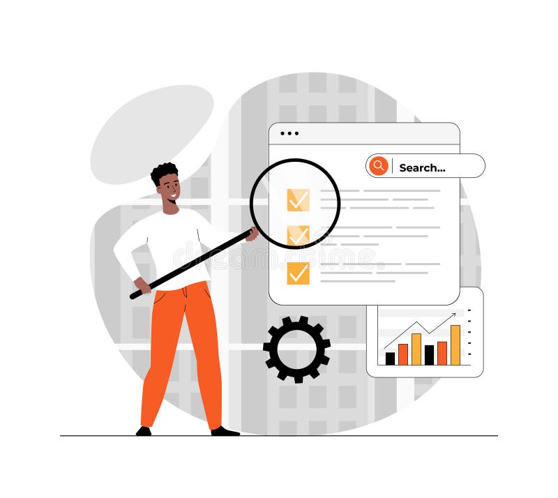 SEO Analysis Concept. Man Settings Site for Search Engines, Analyzes ...