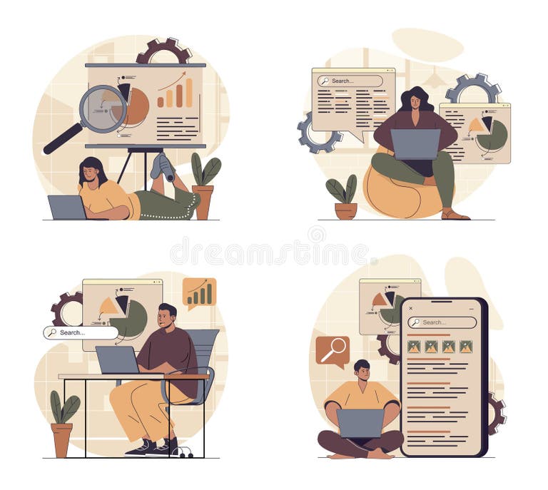 Seo Analysis Concept Scenes Set in Flat Web Design. People in Situations of Making Data Site ...