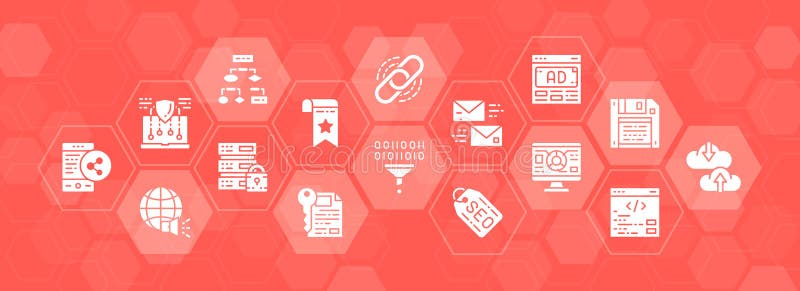 SEO Banner Template with White Icons. Bookmark, Hosting, Hyperlink ...