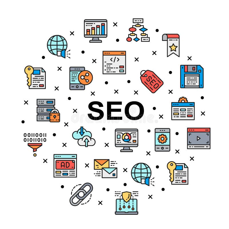 SEO Circle Promotion Icon Banner. Bookmark, Hosting, Hyperlink ...