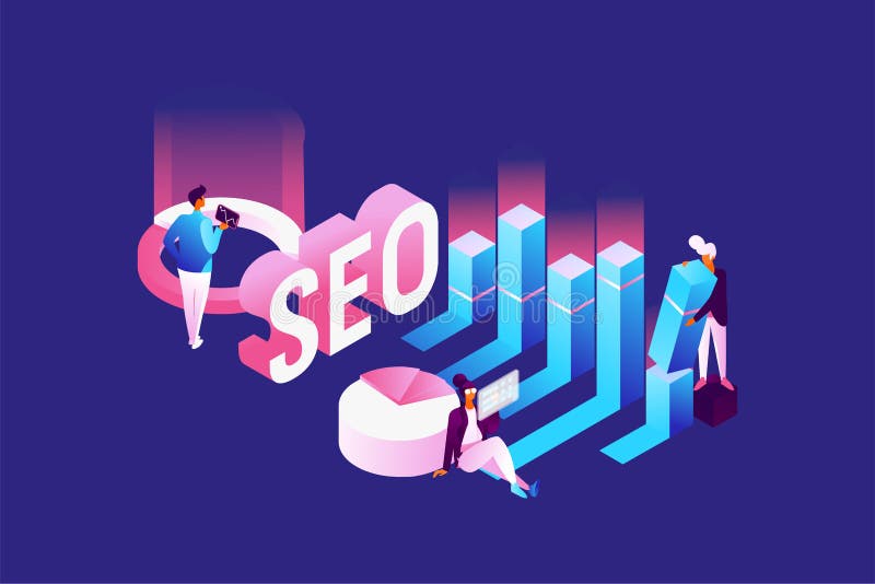 Seo Concept Illustration. Large Letters, Characters Working with Data ...