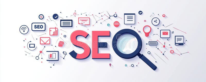 SEO Concept Illustration with Magnifying Glass and Digital Marketing ...