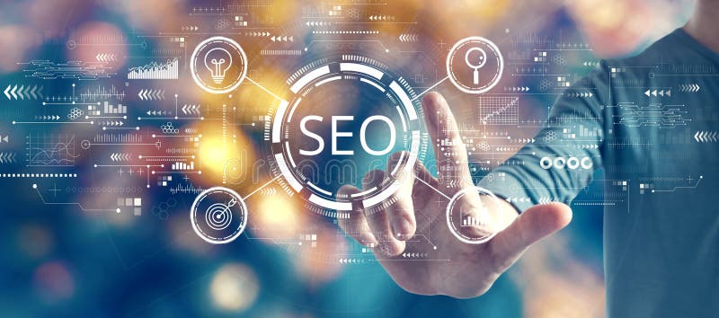 SEO Concept with Man on Blurred City Light Background Stock ...