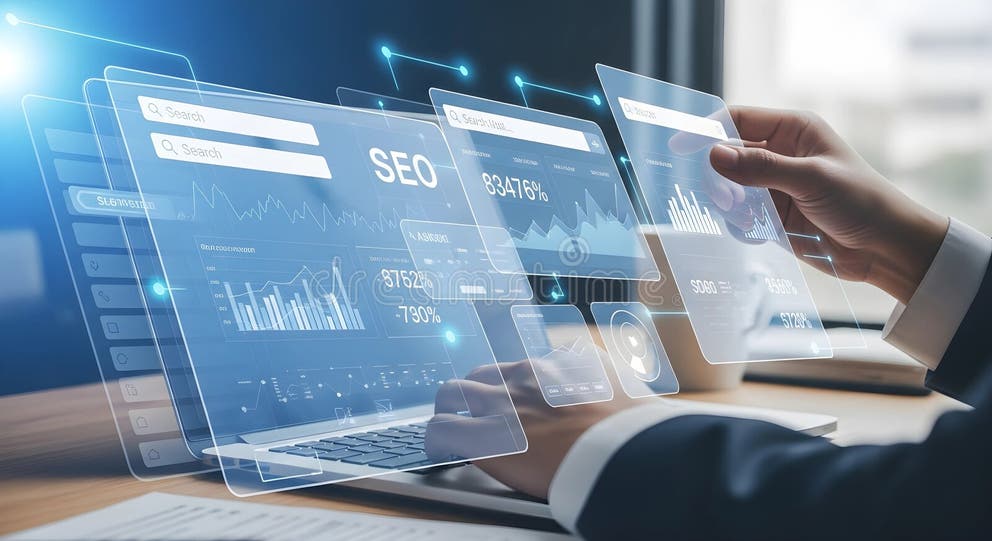 Seo Data Analysis on Laptop with Transparent Interface Stock Image ...