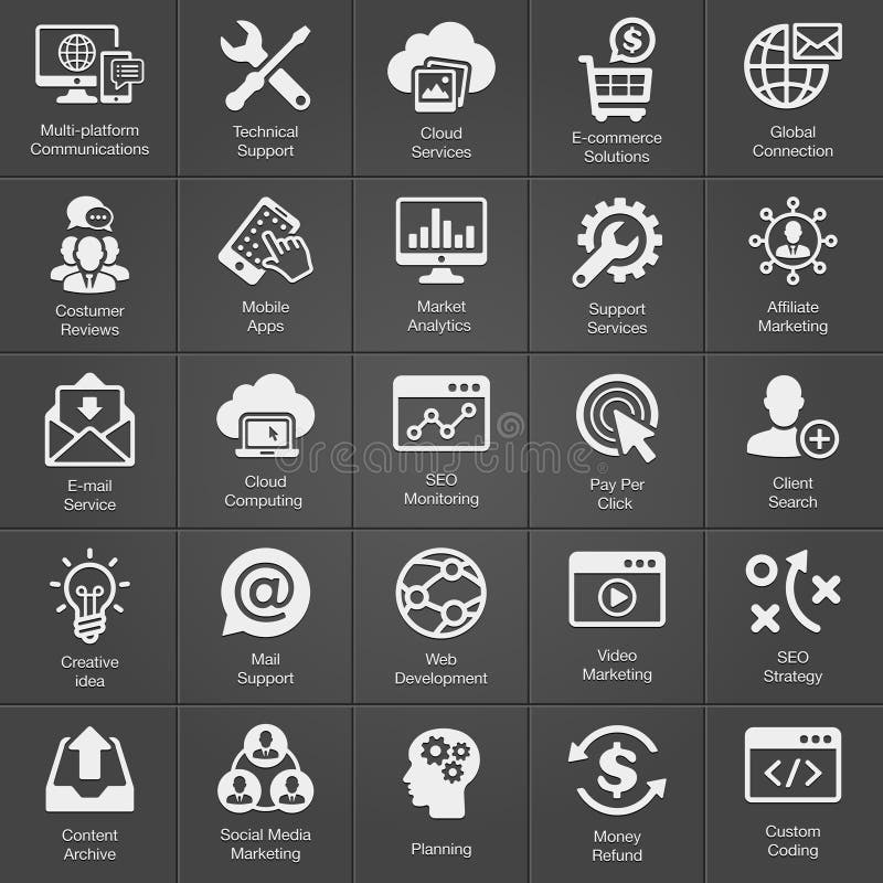 SEO and Development Icon Set on Black Stock Vector - Illustration of ...