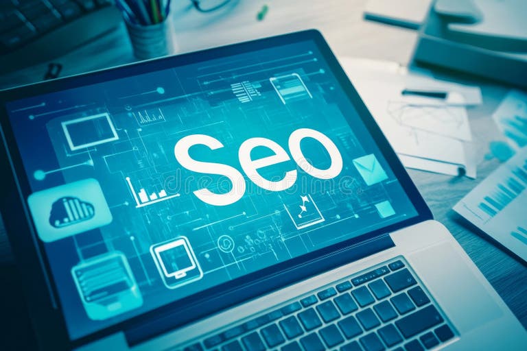 An SEO Drawing Over a Study Table Background with a Computer on Top. a ...