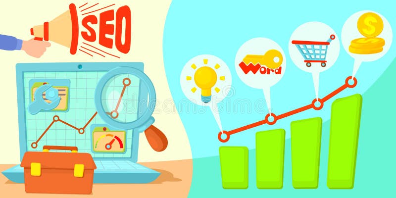 SEO Horizontal Banner Concept, Cartoon Style Stock Vector ...