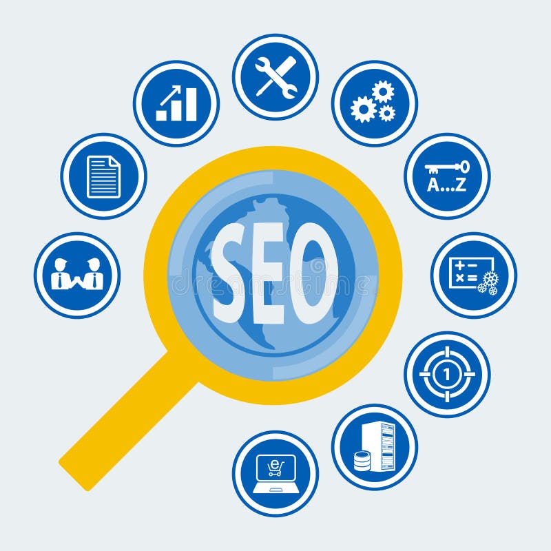 SEO Icon Set with Magnifying. Stock Vector - Illustration of ...