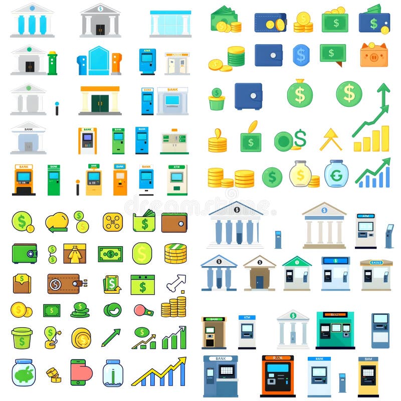 Colorful Bank Icons Set – Banknotes, Coins, Buildings and Financial ...