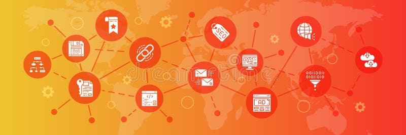 SEO Icons Infographic Banner. Bookmark, Hosting, Hyperlink ...