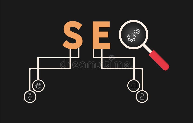 SEO Infographic with Magnifying Glass and Data Network on Dark ...