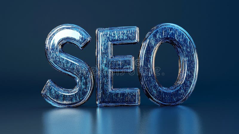 SEO Letters in Glowing Blue Crystal Standing on Reflective Surface with ...