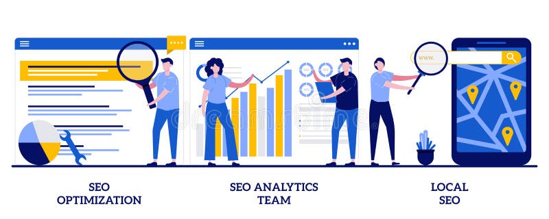 SEO Optimization, SEO Analytics Team, Local SEO Concept with Tiny People. Search Engines Page ...