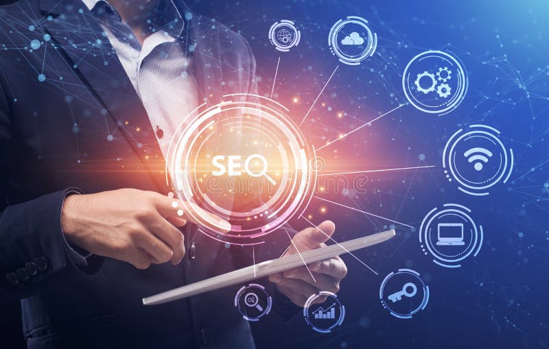 Seo-Optimization Collage, Businessman Using Digital Tablet Browsing ...