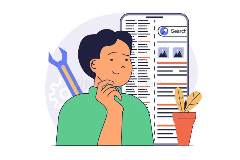 SEO Optimization Concept with Cartoon People in Flat Design for Web. Man Making Data Analysis of ...