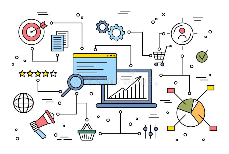 Seo Optimization Concept Contour Linear Style. Vector Stock Vector - Illustration of magnifier ...
