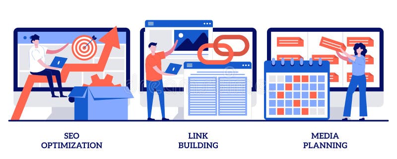SEO Optimization, Link Building, Media Planning Concept with Tiny ...