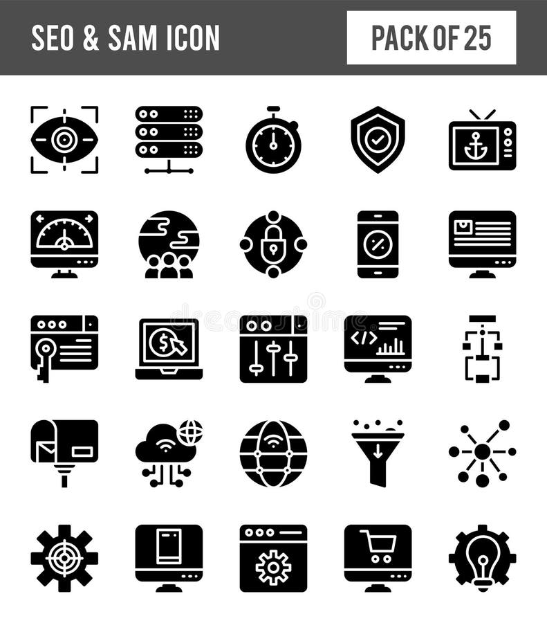 25 SEO and SAM Glyph Icon Pack. Vector Illustration Stock Vector ...