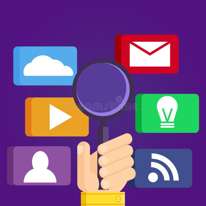 Seo Tools Banner. Hand with Magnifier and Icons with Tools Stock Vector ...