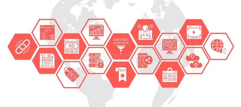 SEO Web Banner with Icon Set. Bookmark, Hosting, Hyperlink ...