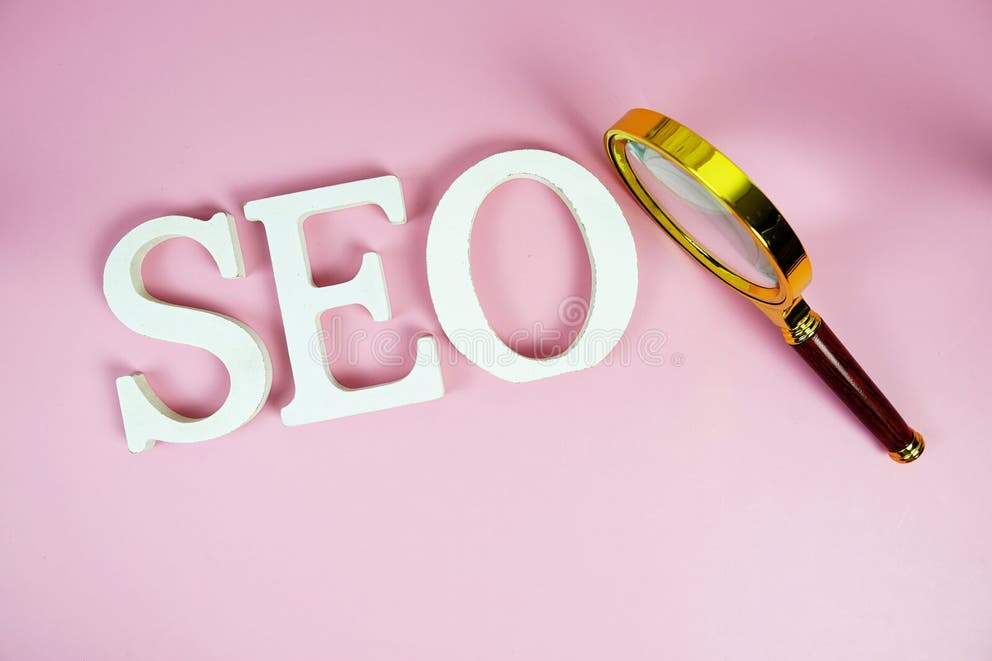 Seo Words (Search Engine Optimization) Letters with Magnifying Glass on Pink Background Stock ...