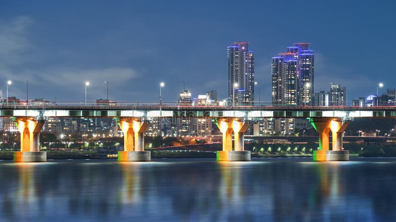 Seoul Han River Night View, Jamsil Bridge Stock Image - Image of scape ...