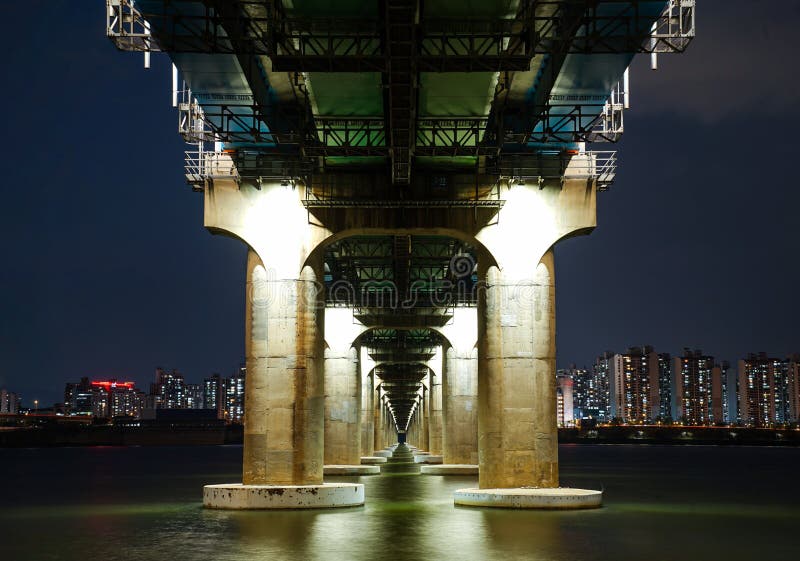 Seoul Han River Night View, Jamsil Railway Bridge Stock Photo - Image ...