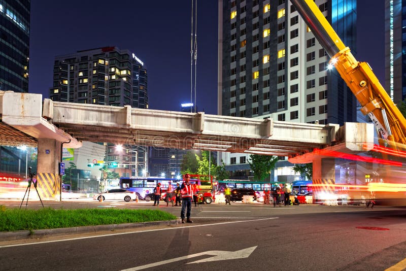 SEOUL, KOREA - AUGUST 10, 2015: Engineers Assembling a New Bridge at ...