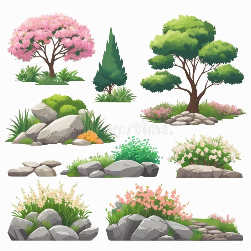 Separate Elements of Landscape Design on a White Background, Tree, Bush ...