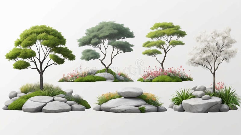 Separate Elements of Landscape Design on a White Background, Tree, Bush ...