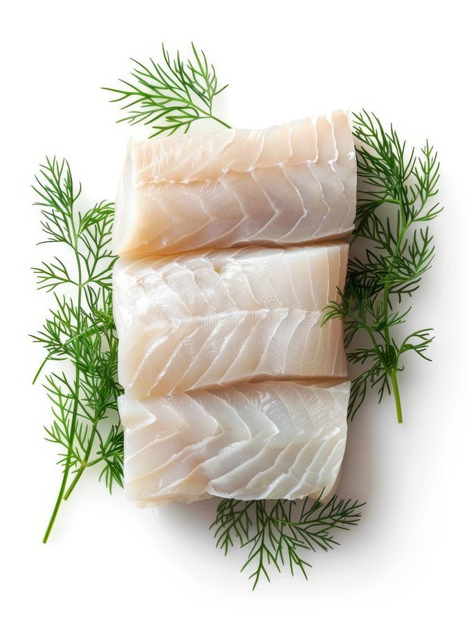 Separated Pieces of Cod and Dill Set on a Blank Background. Stock Photo ...