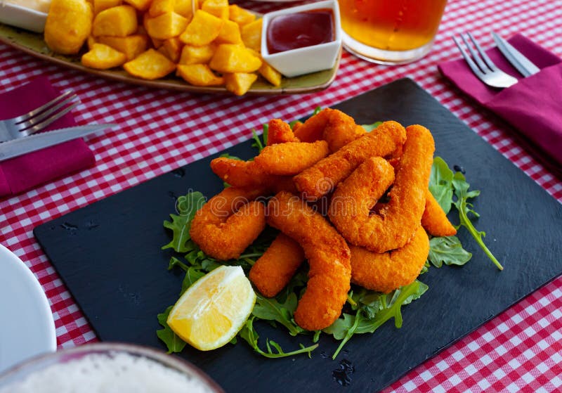 Sepia Breaded and Fried (chocos, Typical Tapa in Spain) Stock Photo ...