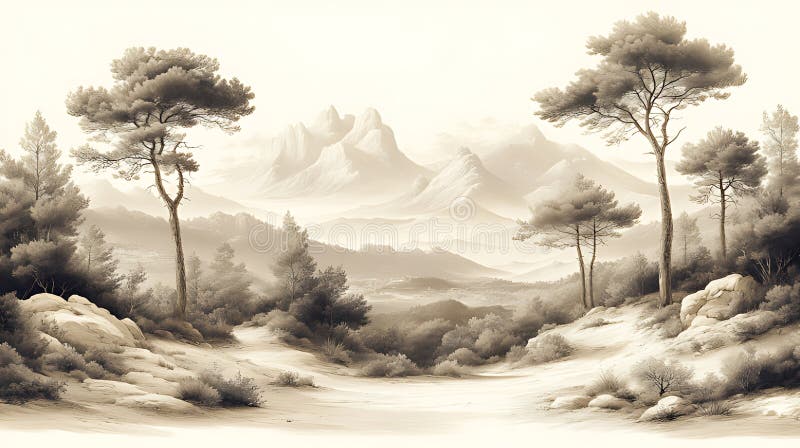 Sepia Mountain Landscape Painting, Forest Path, Wall Art Stock ...