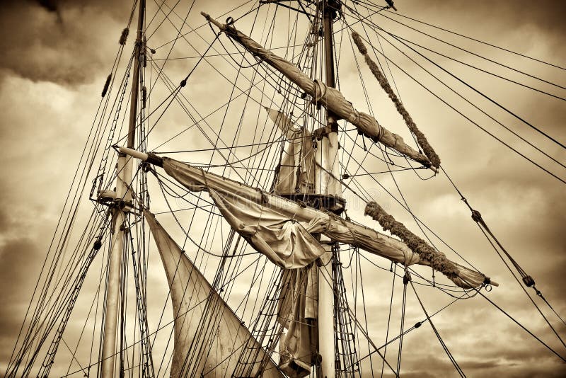 Masts and Sails of an Ancient Sailing Ship Stock Image - Image of ...