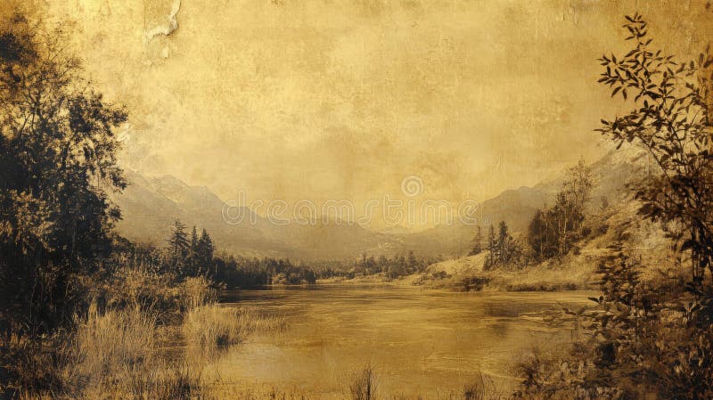 Sepia Toned Mountain Lake Landscape Stock Illustration - Illustration ...