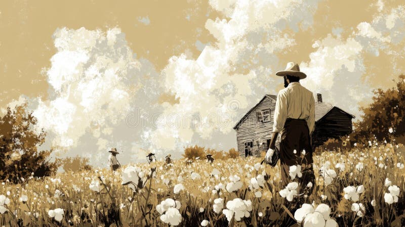 Sepia-toned Rural Landscape with Farmer in Field Stock Illustration ...