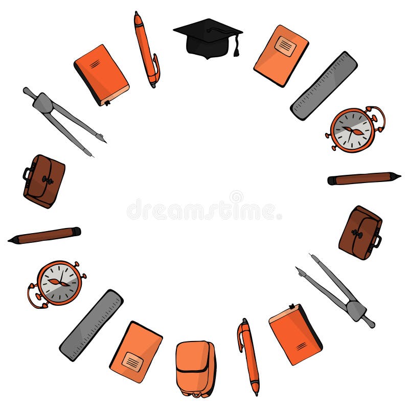 A Round Frame of Stationery. Alarm Clocks, Textbooks, Portfolios ...