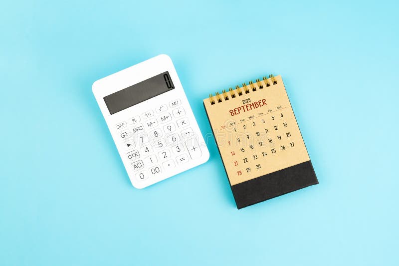 September 2025 Brown Caculator and White Calculator on Blue Background ...