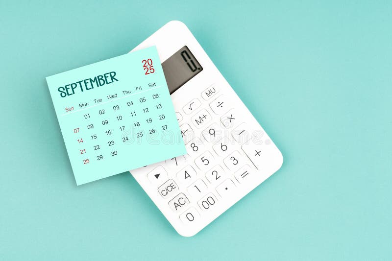 September 2025 Calendar Card with Calculator on Blue Background Stock ...
