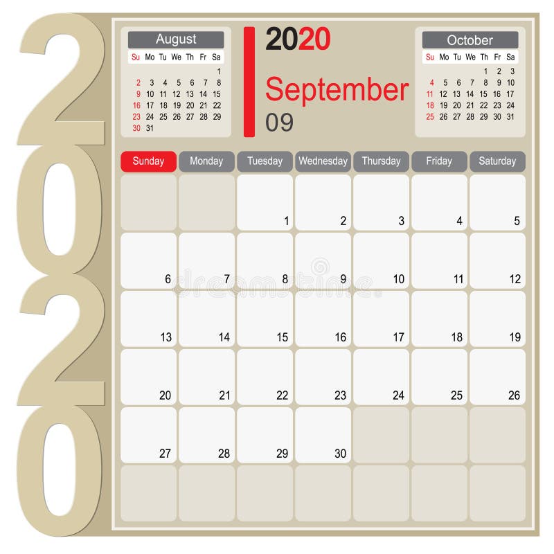 September 2020 Calendar Monthly Planner Design Stock Vector ...