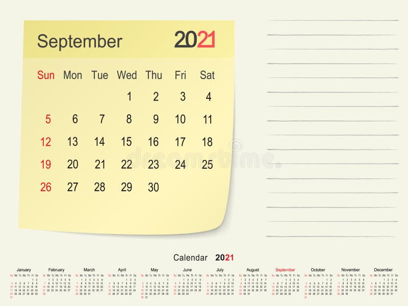 September 2021 Calendar Paper Note Design Stock Vector - Illustration ...