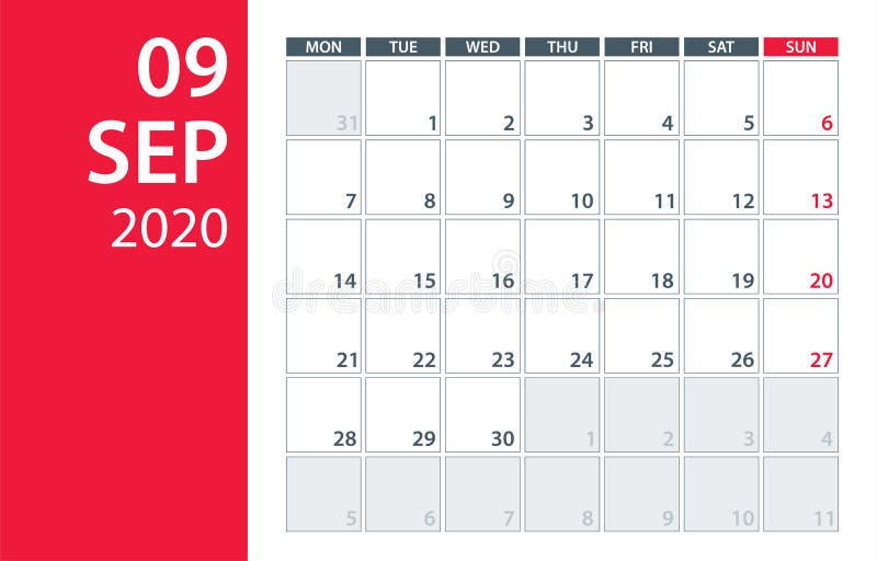 September 2020 Calendar Planner - Vector Illustration. Template. Mock ...