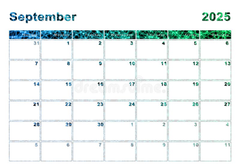 September 2025 Calendar, Week Start Sunday Stock Illustration ...