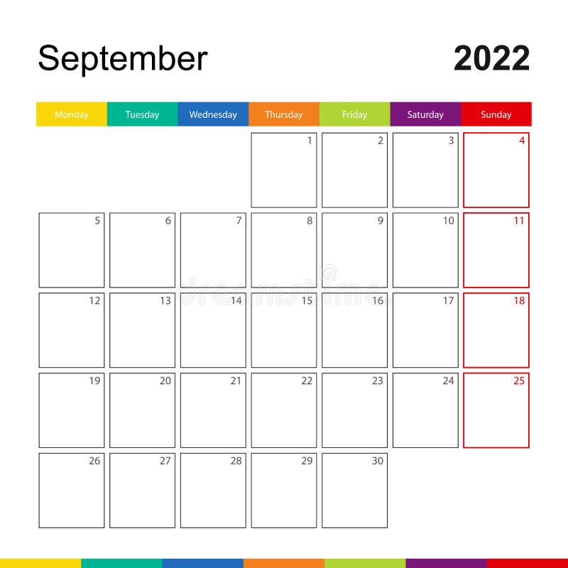 September 2022 Colorful Wall Calendar, Week Starts on Monday Stock ...
