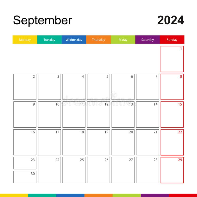 September 2024 Colorful Wall Calendar, Week Starts on Monday Stock ...