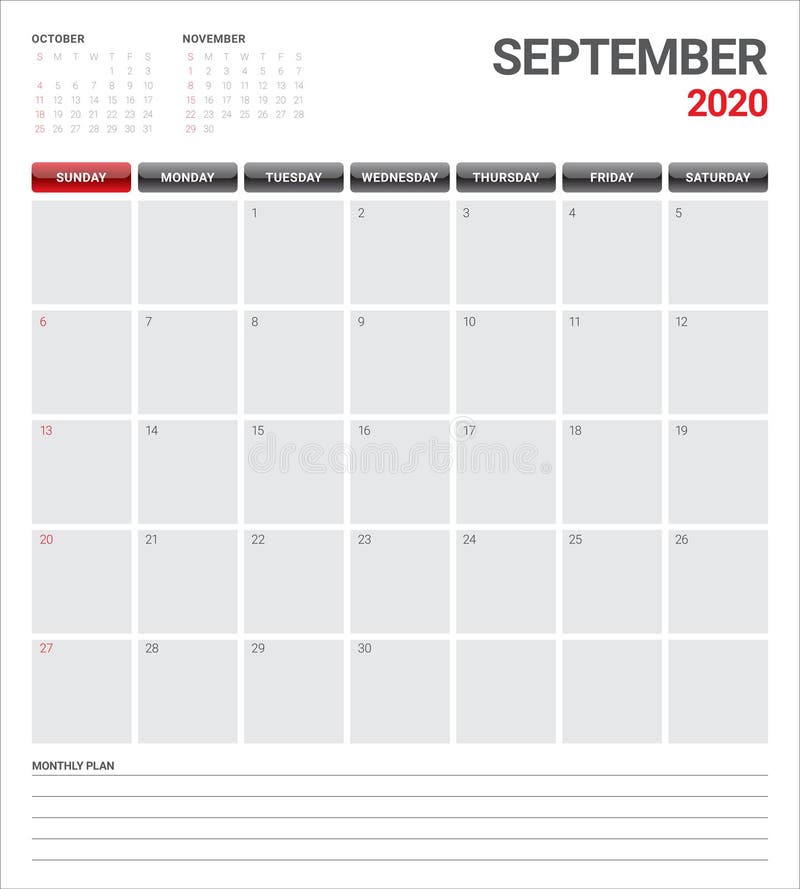 September 2020 Simple Calendar Planner, Week Starts from Monday Stock ...