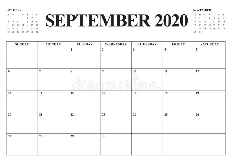 September 2020 Monthly Calendar Vector Illustration Stock Vector ...