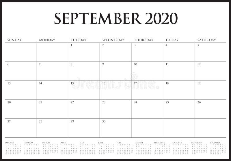 September 2020 Monthly Calendar Vector Illustration Stock Vector ...