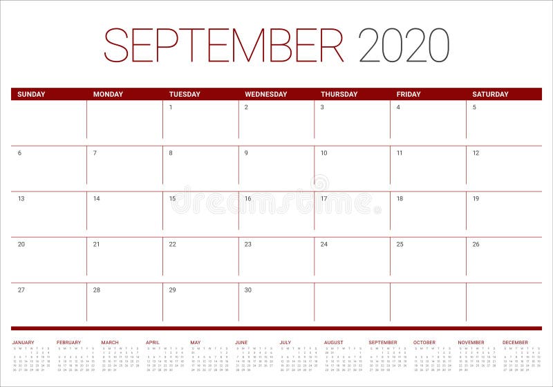 September 2020 Monthly Calendar Vector Illustration Stock Vector ...